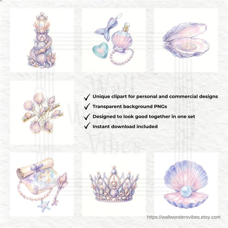 Dreamy Mermaid Watercolor Clipart, Ocean PNG Set, Fantasy Under Sea Art ...