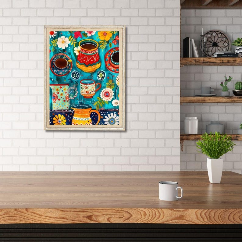 Vibrant Folk Art Coffee Print, Colorful Floral Pots Digital Download ...