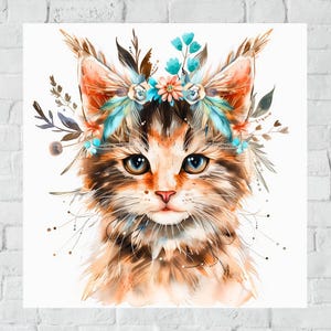 Bohemian Watercolor Cat Wall Art #14 | Digital Download PNG | High-resolution Boho Decor ...