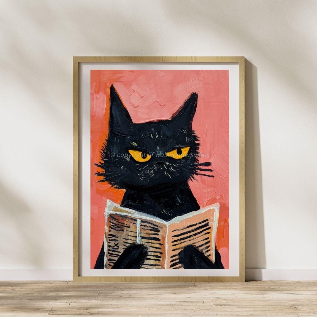 Hilarious Cat Reading Paper Print | Funny A3 Wall Art | Digital ...
