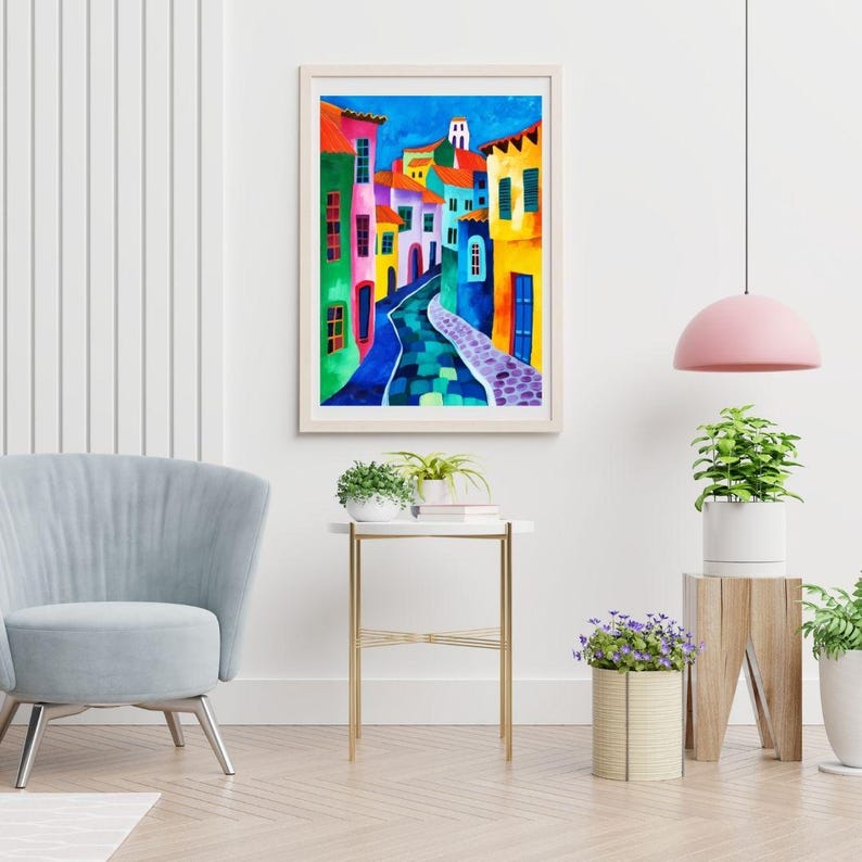 City Street Folk Art Print – Vintage Whimsical Painting (digital ...