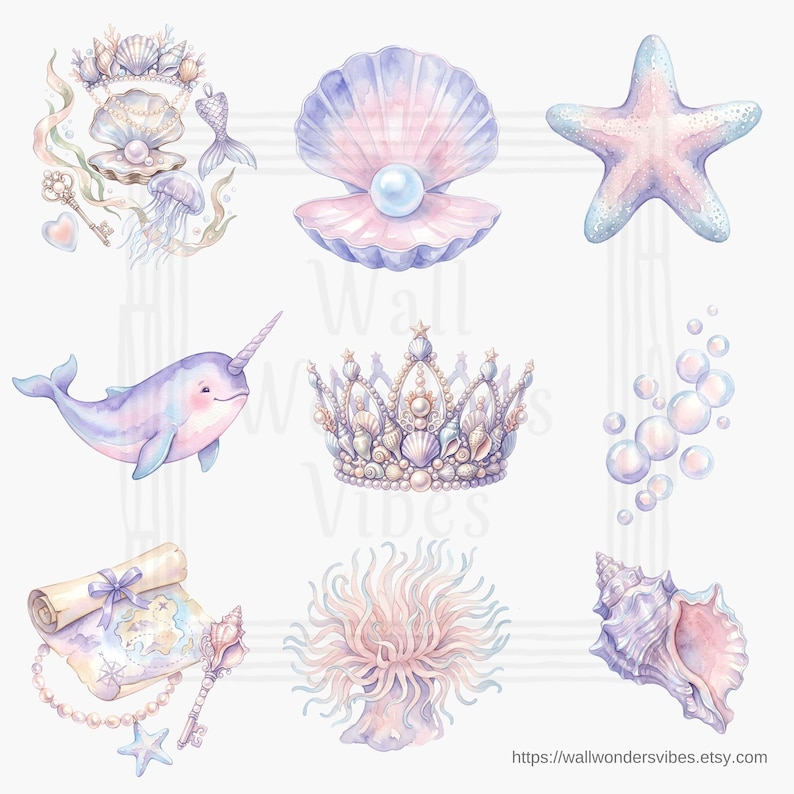 Dreamy Mermaid Watercolor Clipart, Ocean PNG Set, Fantasy Under Sea Art ...