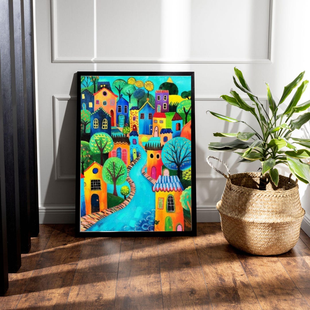 Colorful City Street Folk Art Painting Printable Wall Art Vintage ...