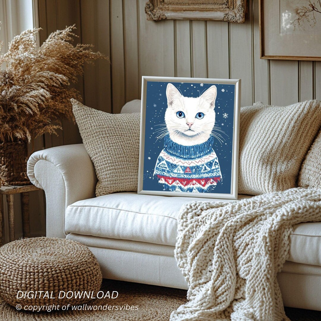 Christmas Cats Prints Printable Cozy Cat Christmas Digital Art Cute Cat ...