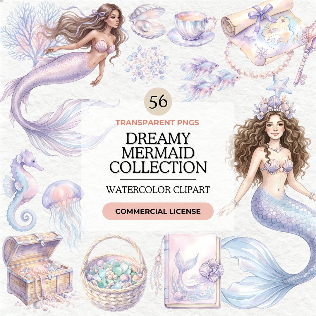 Dreamy Mermaid Watercolor Clipart, Ocean PNG Set, Fantasy Under Sea Art ...