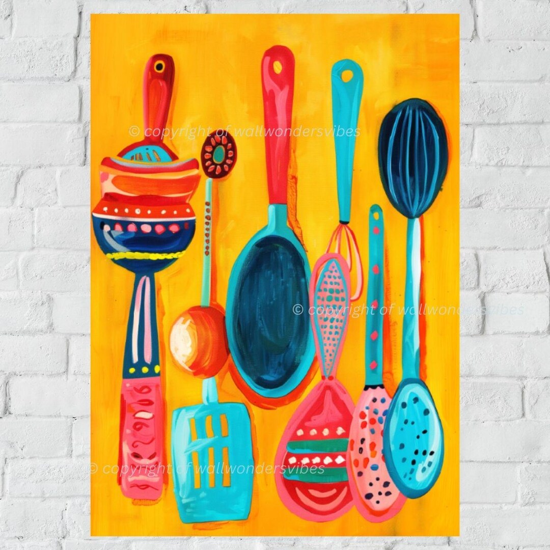 Vibrant Kitchen Utensils Digital Print Colorful Cooking Utensils Wall ...