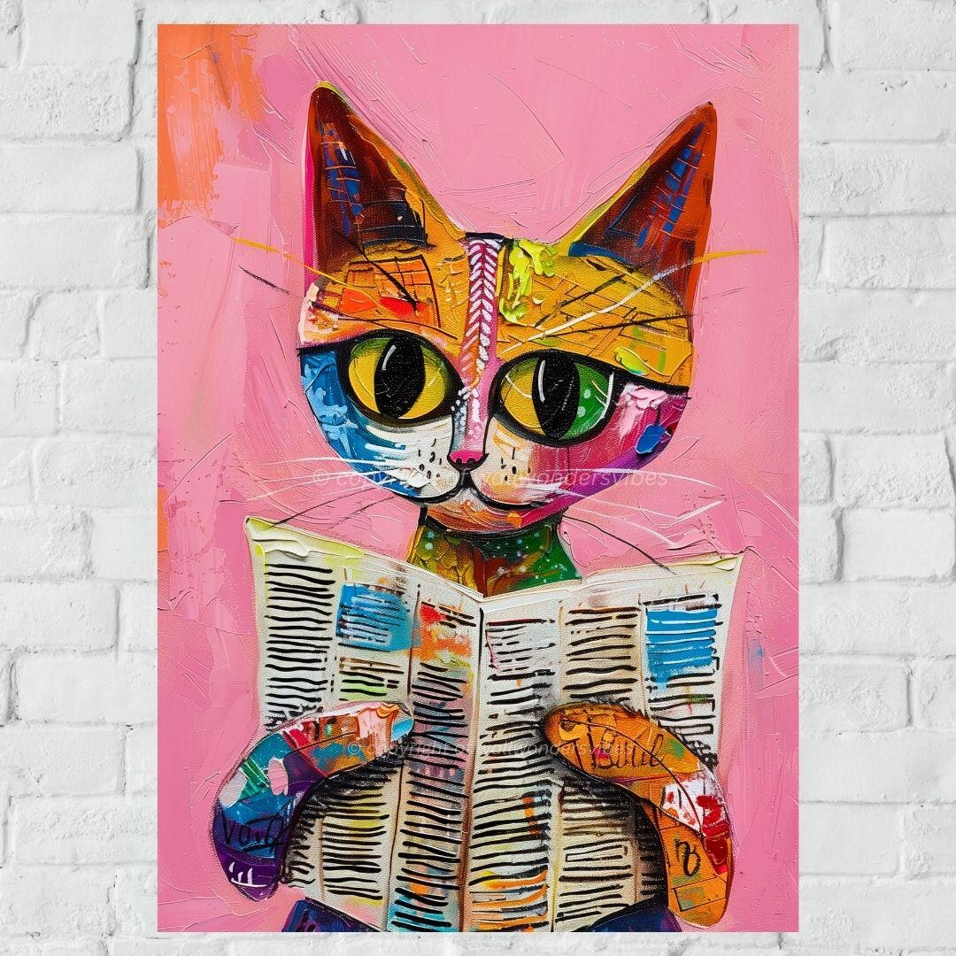 Hilarious Cat Reading Paper Print | Funny A3 Wall Art | Digital ...