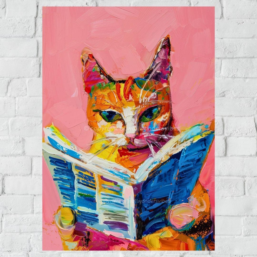 Hilarious Cat Reading Paper Print | Funny A3 Wall Art | Digital ...