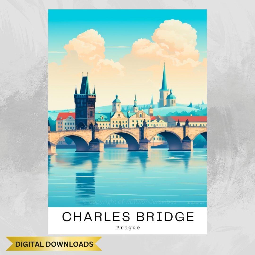 Charles Bridge Prague Digital Art Print, Watercolor Cityscape Wall Art ...