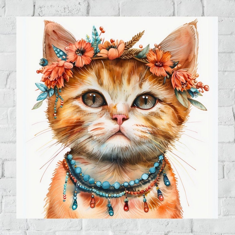 Bohemian Watercolor Cat Wall Art #1 | Digital Download PNG | High-resolution Boho Decor ...