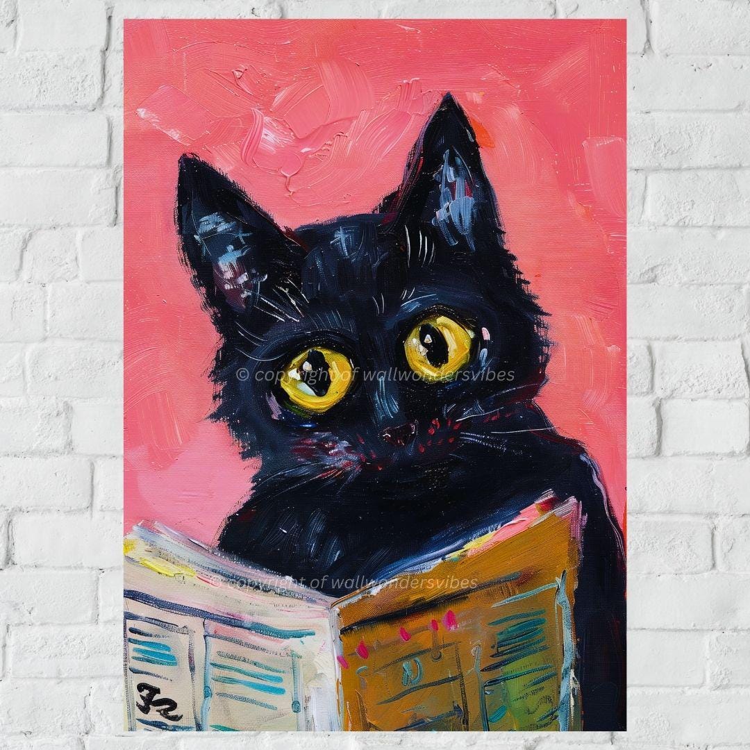 Hilarious Cat Reading Paper Print | Funny A3 Wall Art | Digital ...
