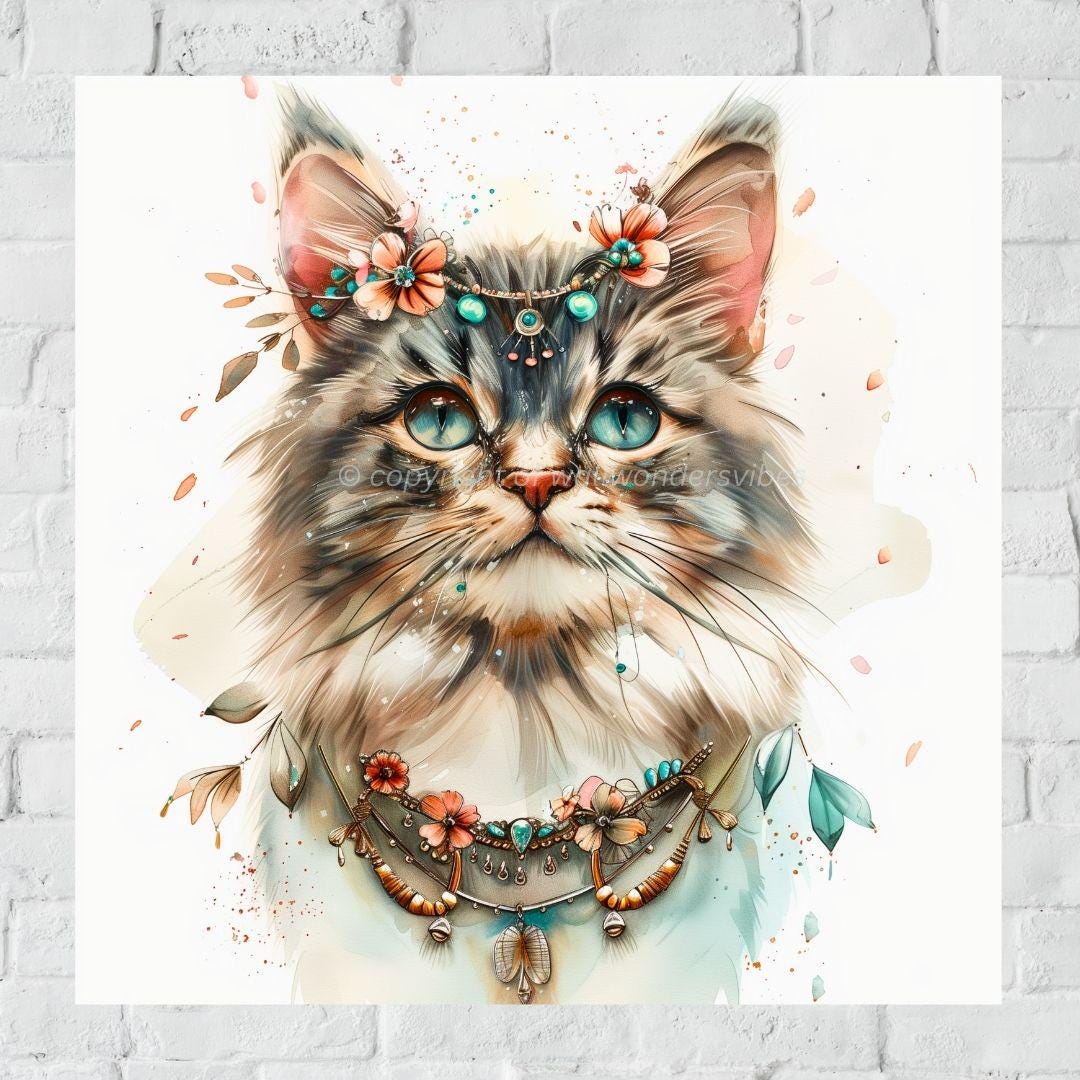 Bohemian Watercolor Cat Wall Art #21 | Digital Download PNG | High ...