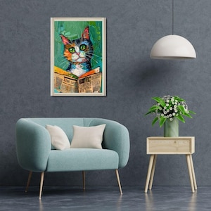Hilarious Cat Reading Paper Print Funny A3 Wall Art Digital Download ...