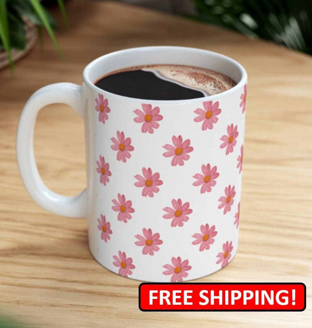 Lovely Pink Flower Pattern Coffee Mug, 11oz, Floral Pattern Mug ...