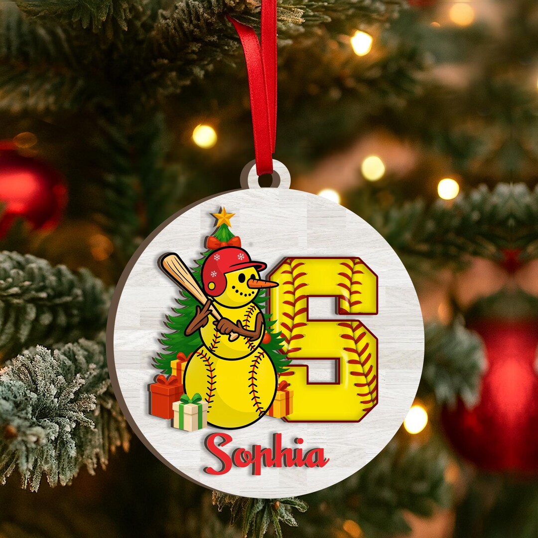 Personalized Softball Snowman Layered Wood Ornament, Custom Softball ...