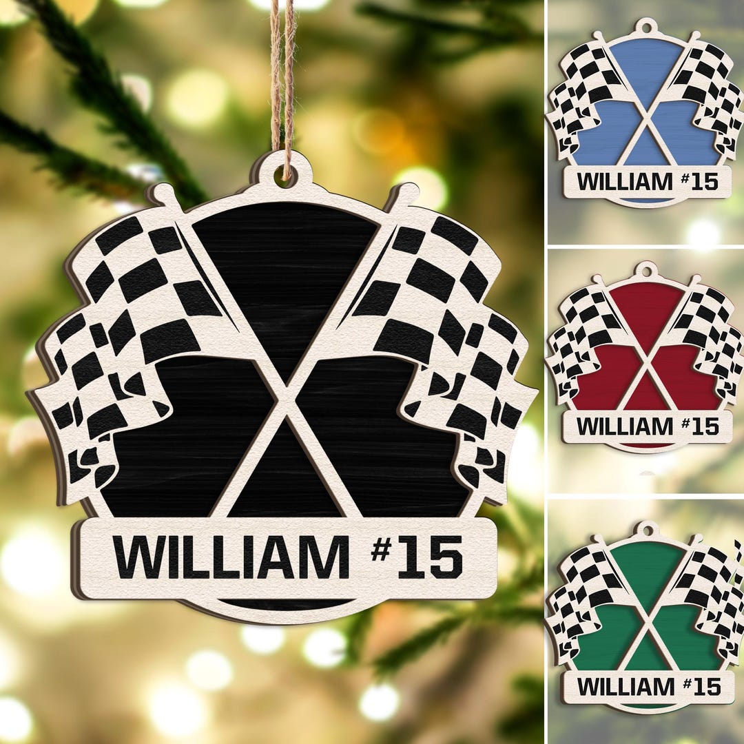 Personalized Racing Layered Wood Ornament, Custom Checkered Flag ...