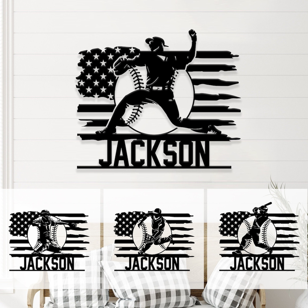 Personalized Baseball Metal Sign, Baseball US Flag Sign, Custom Name ...