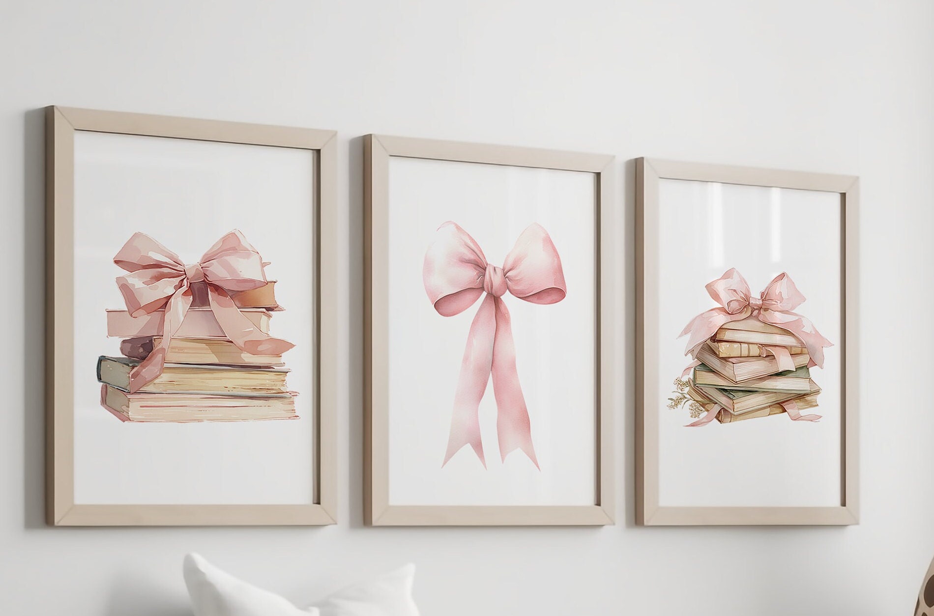 Pink Bows Girly Book Stack Digital Wall Art Set of 3 : Coquette Nursery ...