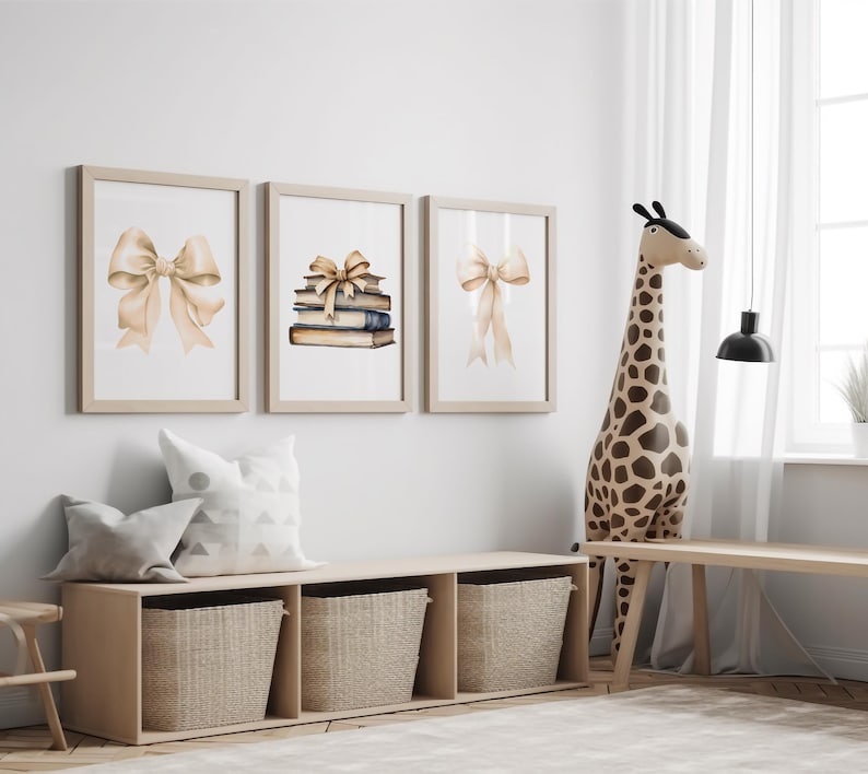 Trendy Ivory Gold Bows Wall Art Set of 3 Preppy Poster Girl Nursery ...