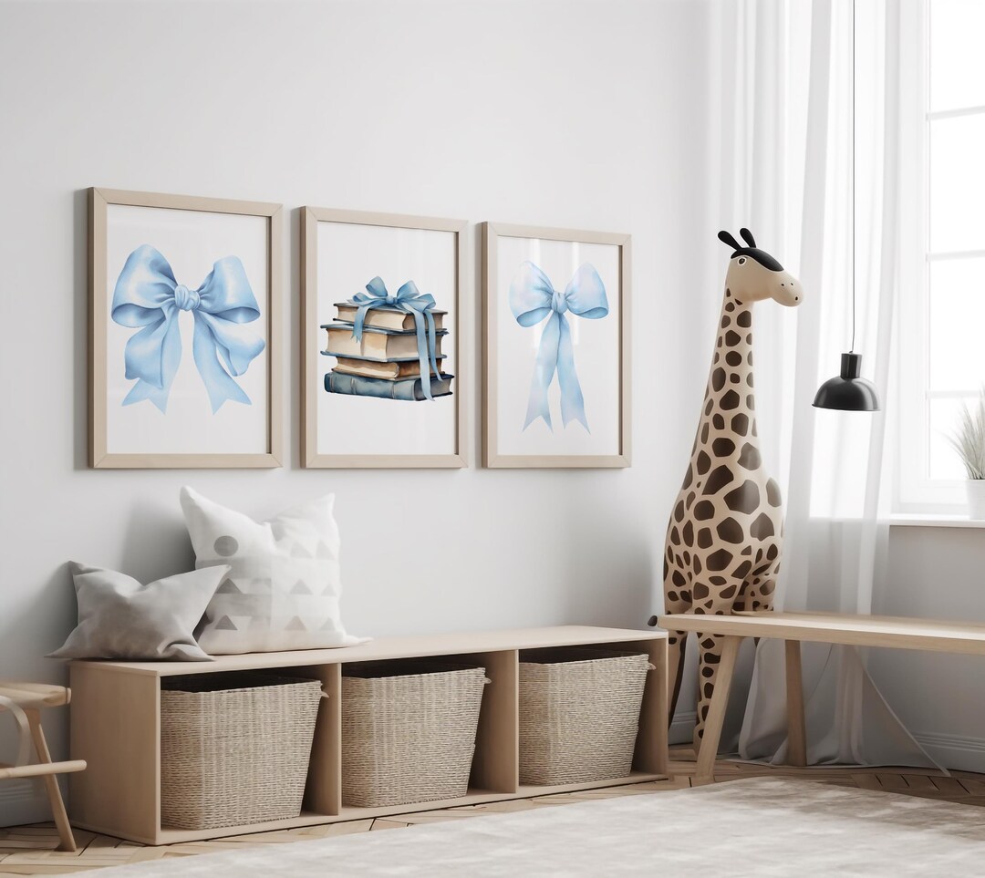 Trendy Blue Bows Wall Art Set of 3 Preppy Poster Girl Nursery Decor ...