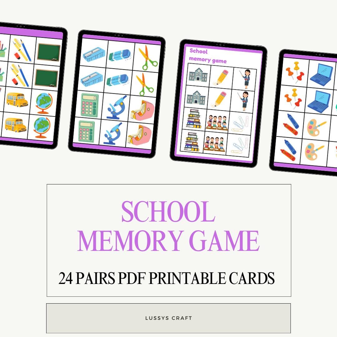 School Matching Game, Printable School Memory Game, School Matching ...