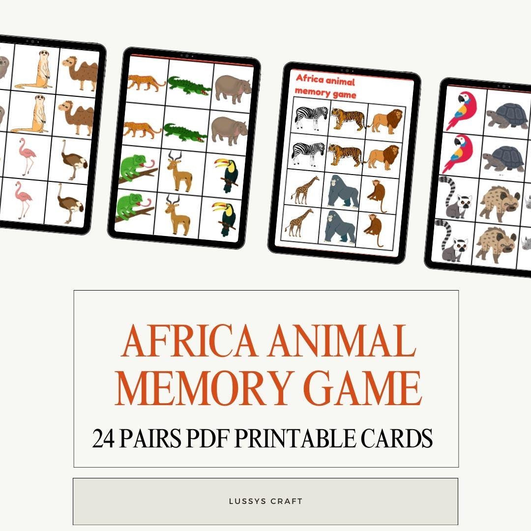 Africa Animals Matching Game, Printable Africa Animals Memory Game ...
