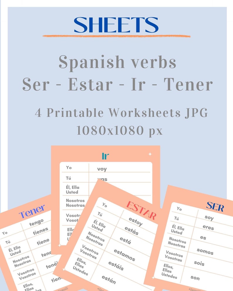 Spanish Verbs Present Tense Indicative: Ser-estar-ir-tener 4 Worksheets ...