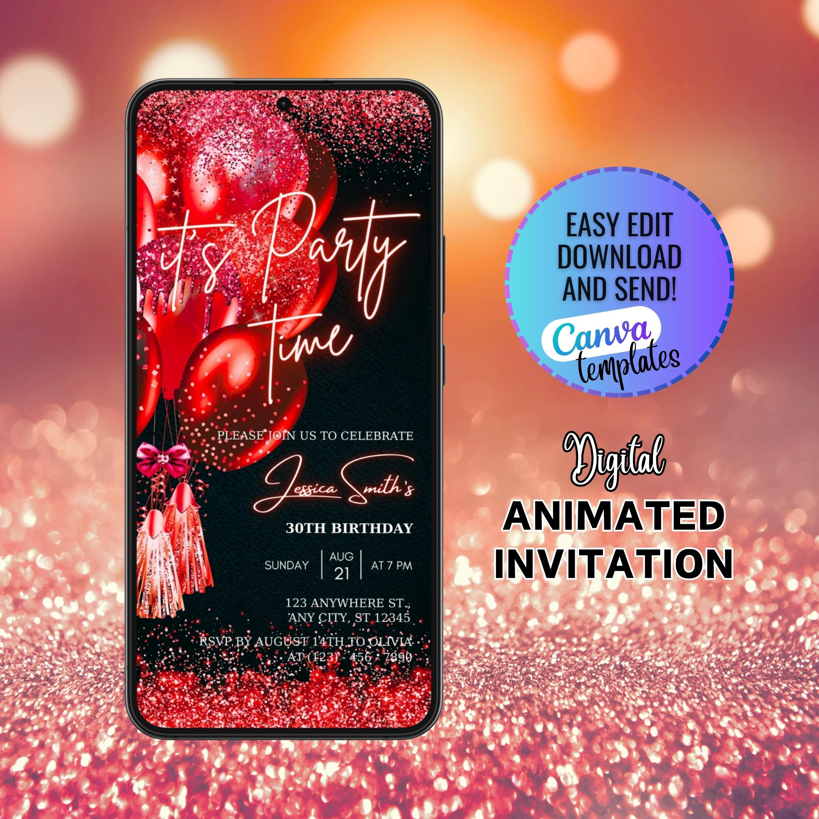Digital Red Birthday Party Invitation, It's Party Time - Digital ...