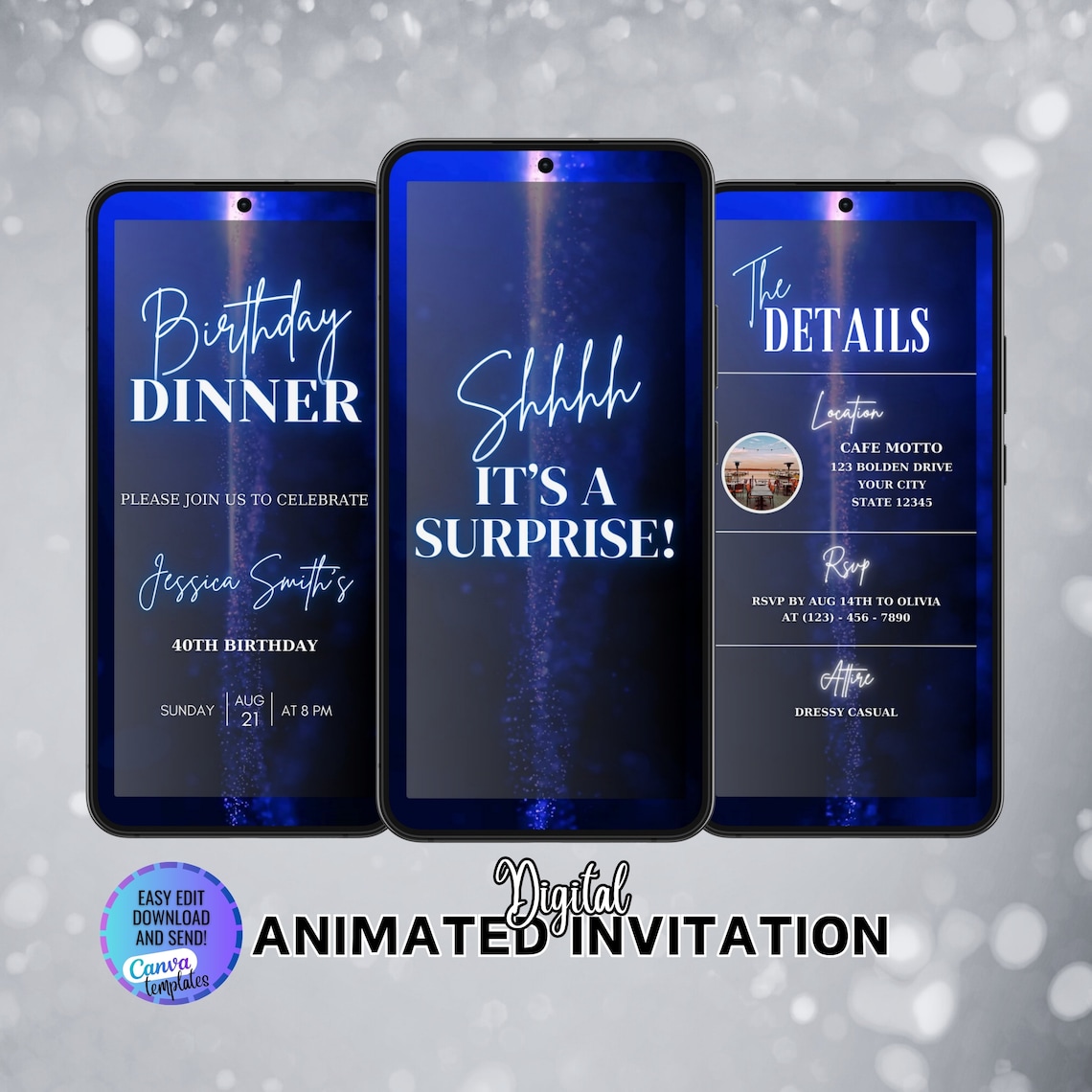 Blue Shhh It's a Surprise Birthday Dinner Invitation, Digital Editable ...