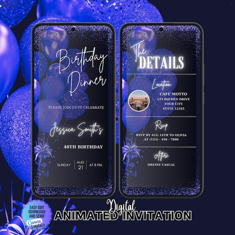 Digital Editable Blue Balloons Birthday Dinner Invitation Template ...