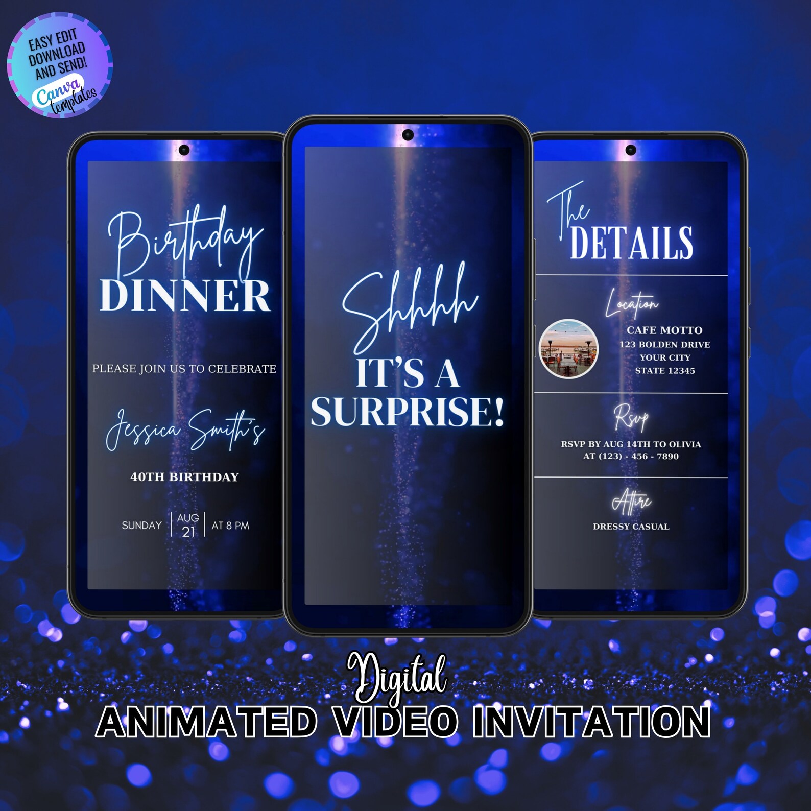 Blue Shhh It's a Surprise Birthday Dinner Invitation, Digital Editable ...