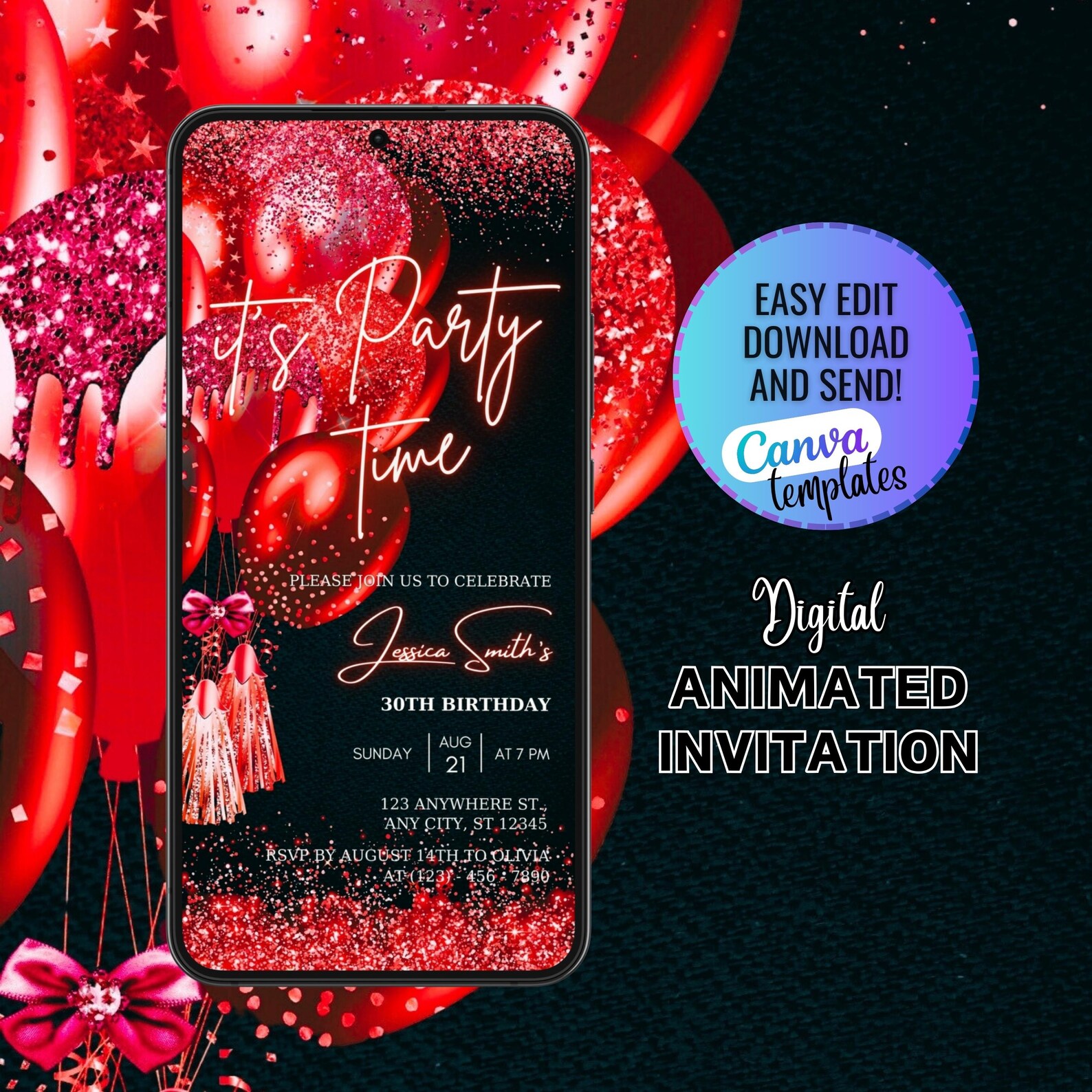 Digital Red Birthday Party Invitation, It's Party Time - Digital ...