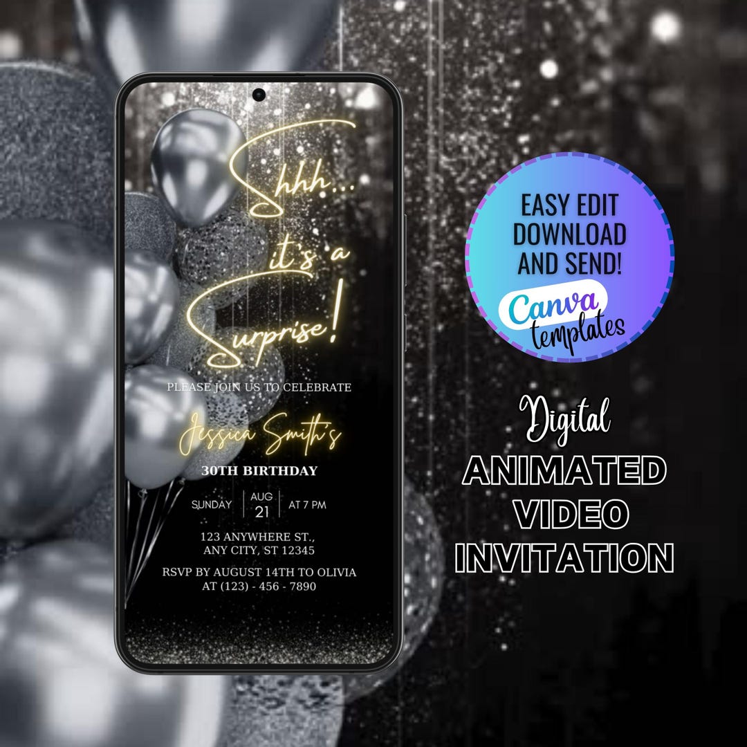 Shhh It's a Surprise Birthday Video Invitation, Editable Surprise ...
