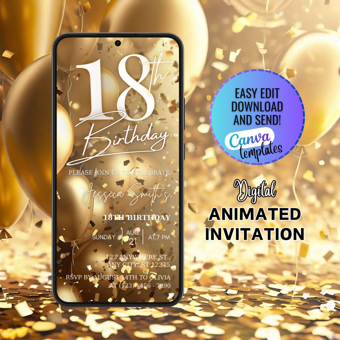 Digital 18th Birthday Party Invitation Template, Electronic 18th Party ...