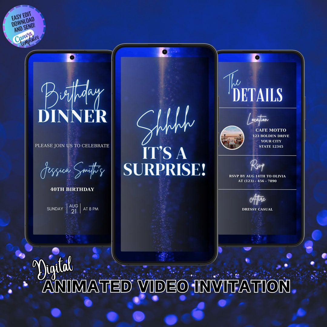 Blue Shhh It's a Surprise Birthday Dinner Invitation, Digital Editable ...