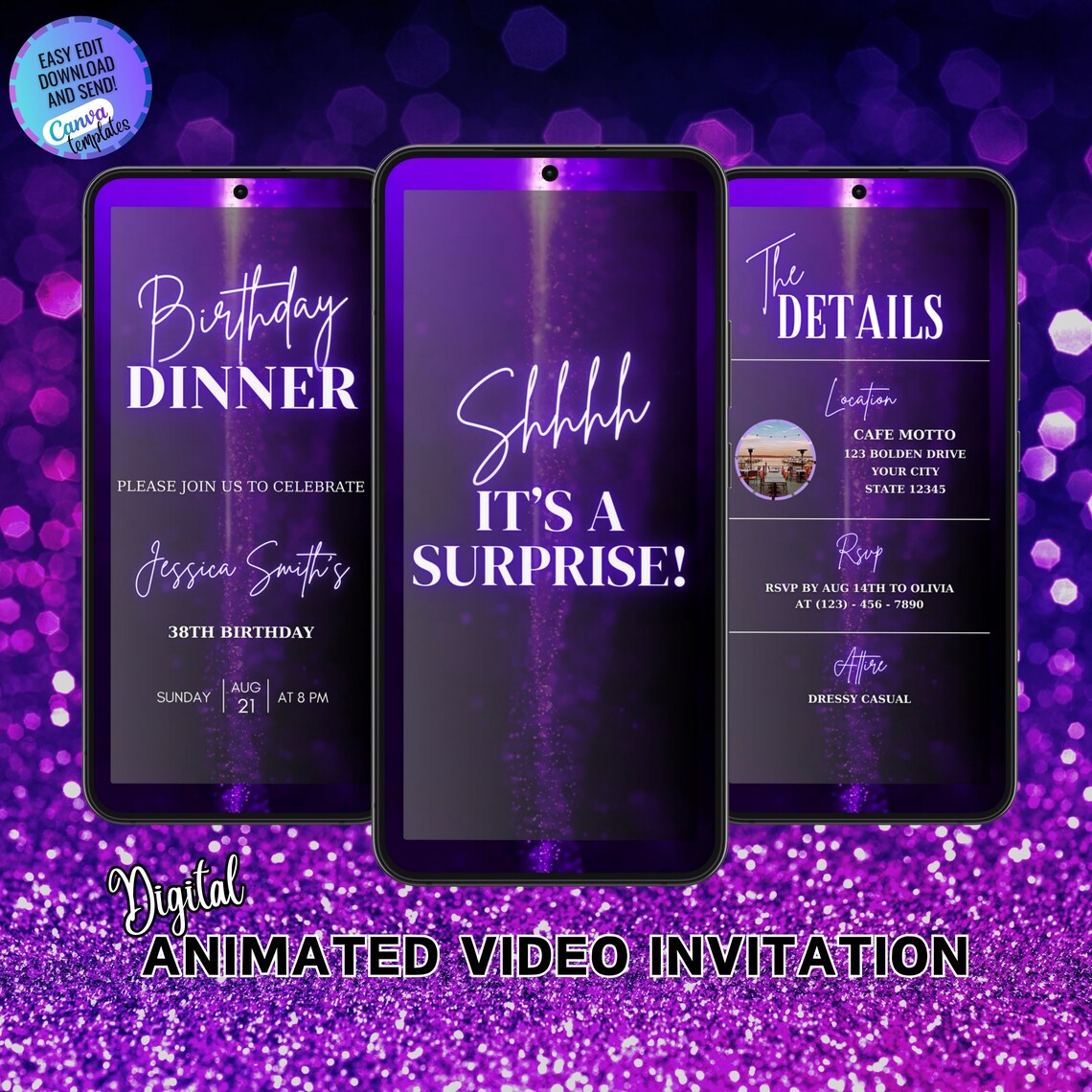Purple Shhh It's a Surprise Birthday Dinner Invitation, Digital ...