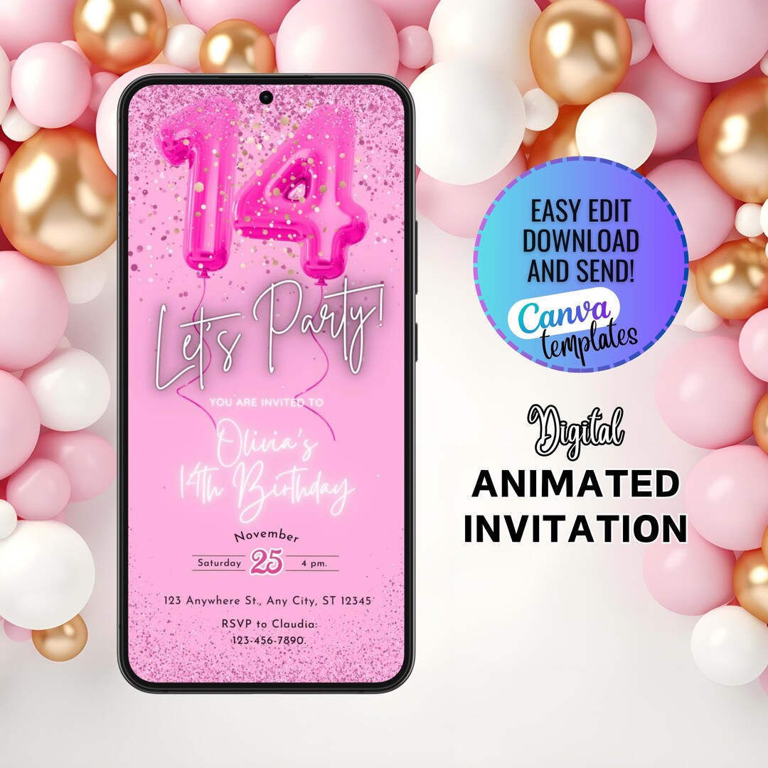 Digital Pink 14th Birthday Invitation for Girls, 14th Birthday Party ...