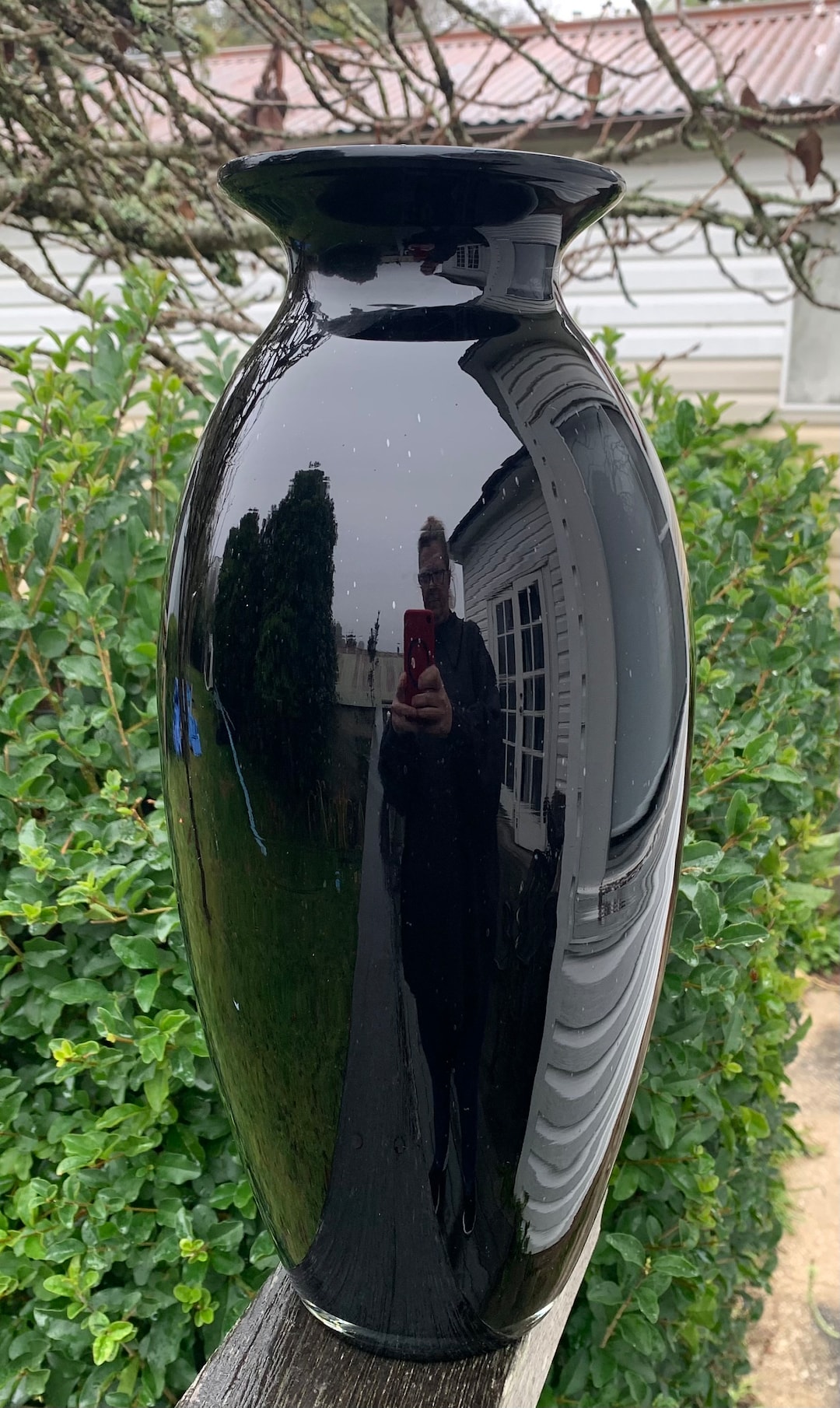 Large Black Glass Vase Hand Blown With Tiny Air Bubbles 35cm Tall Nice ...