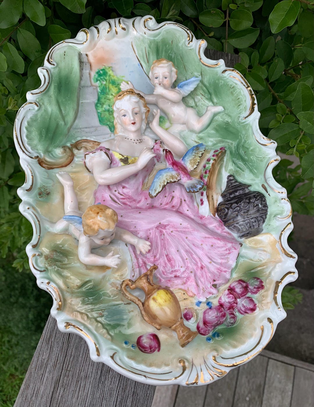 Large Vintage Wall Plaque Ceramic Oval Relief Lady & Cherubs Figural ...