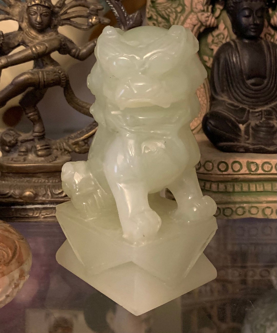 Vintage Jade Stone Statue Chinese Foo Fu Dog Lion Protector Charm 10cm ...