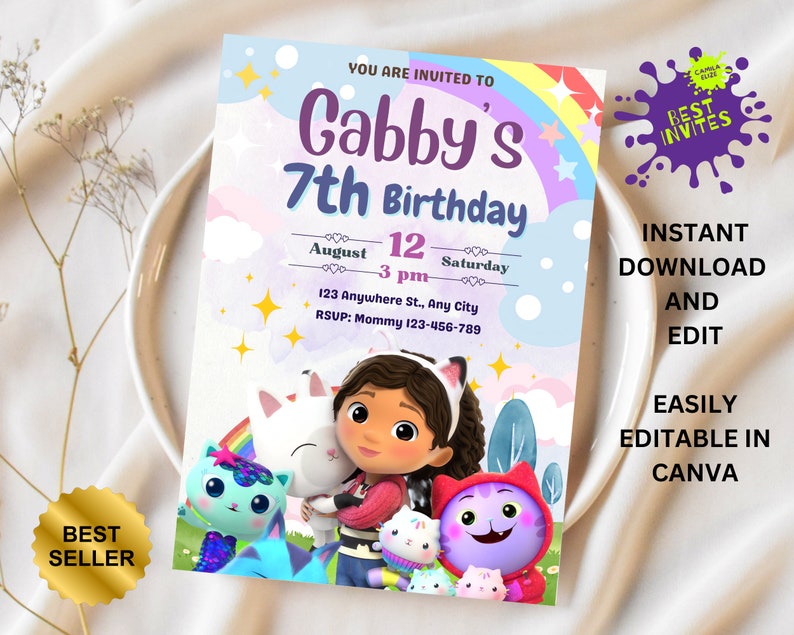 Plantilla de invitación de cumpleaños, Girl Cat Dollhouse Gabby Kids ...