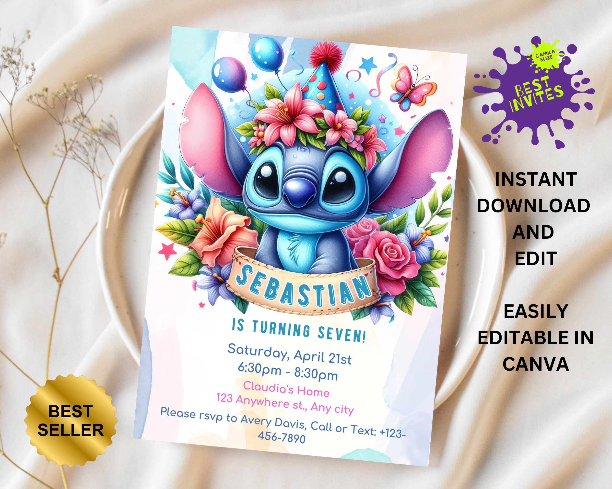 Stitch Editable Birthday Invitation Template, Printable Birthday Party ...