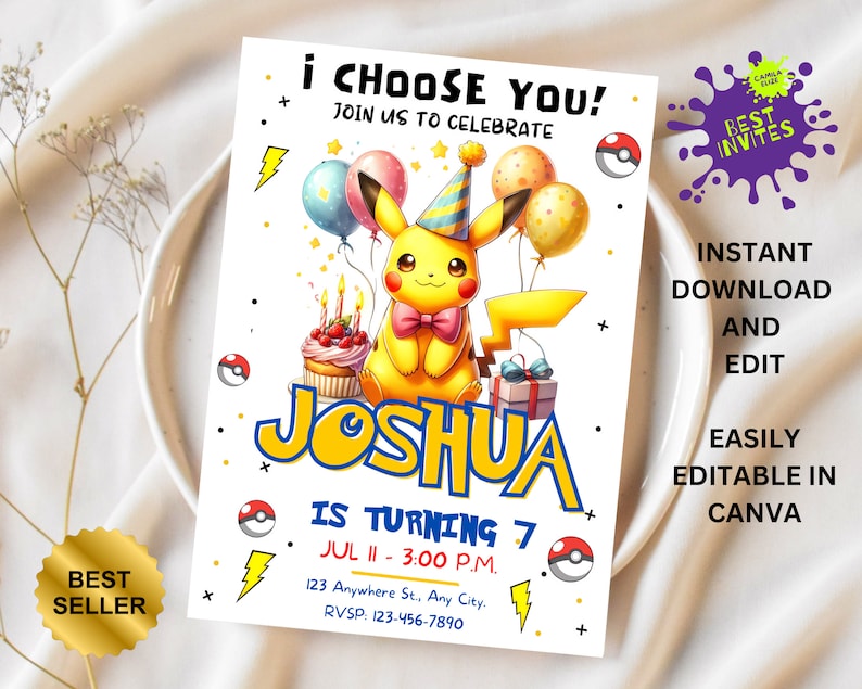Pokemon Invitation Editable Invitation Kids Birthday Invite Digital ...