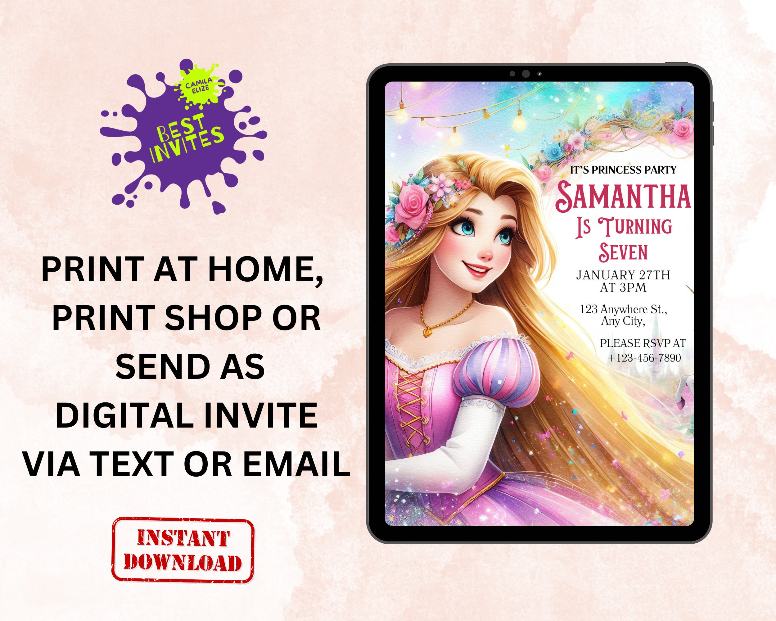 EDITABLE Rapunzel Birthday Invitation Princess Birthday Invitation ...