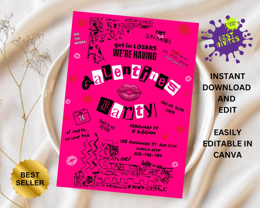 Editable Invitations Burn Book Galentine's Day Invite Canva Template ...