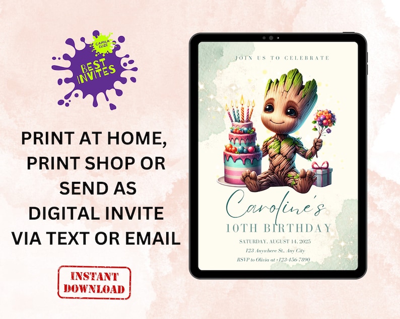 Groot Birthday Invitation Template, Printable Birthday Party Invitation ...