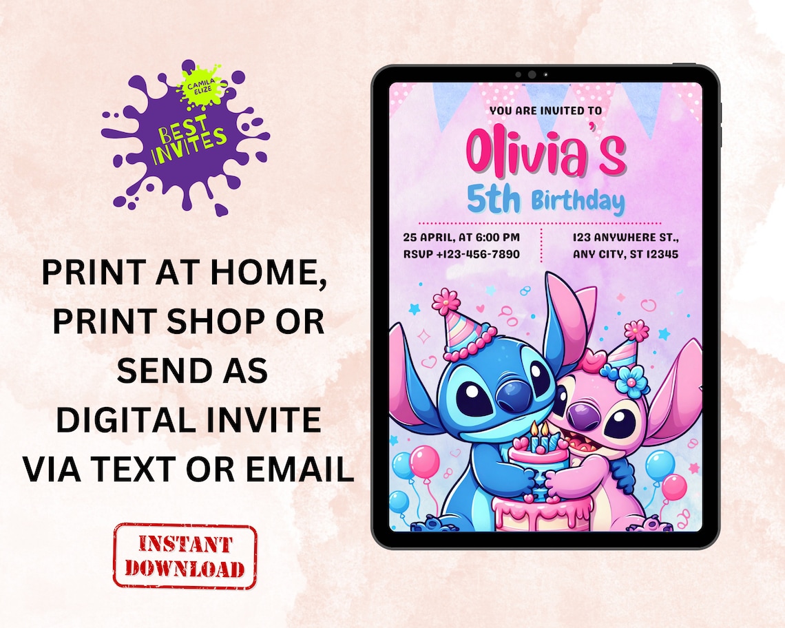 Plantilla de invitación de cumpleaños editable de Stitch, invitaciones ...