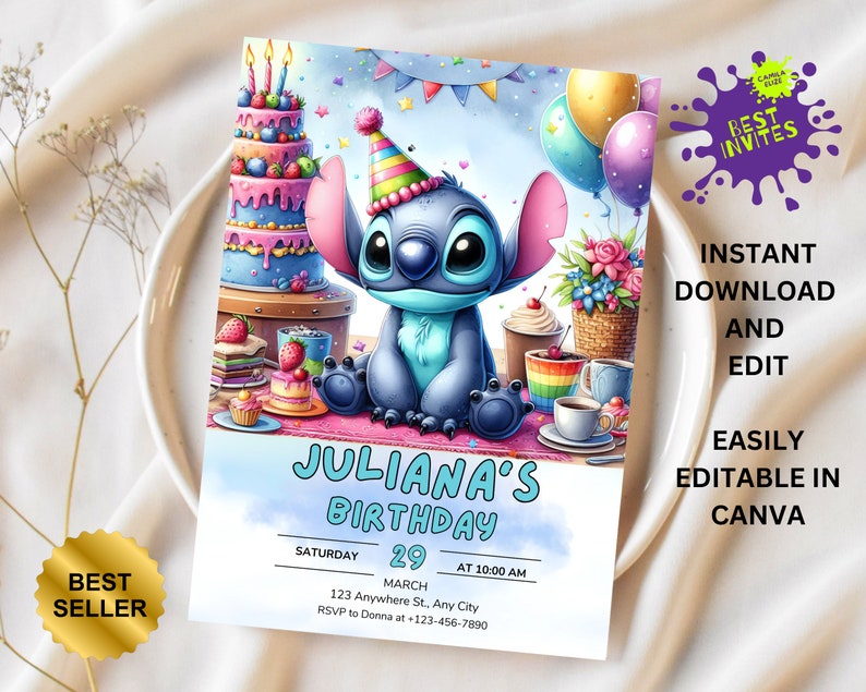Stitch Editable Birthday Invitation Template, Printable Birthday Party ...