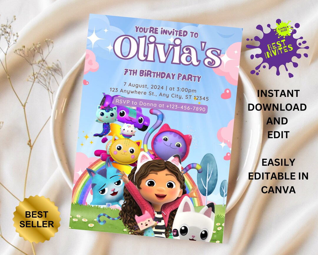 Birthday Invitation Template, Girl Cat Dollhouse Gabby Kids Birthday ...