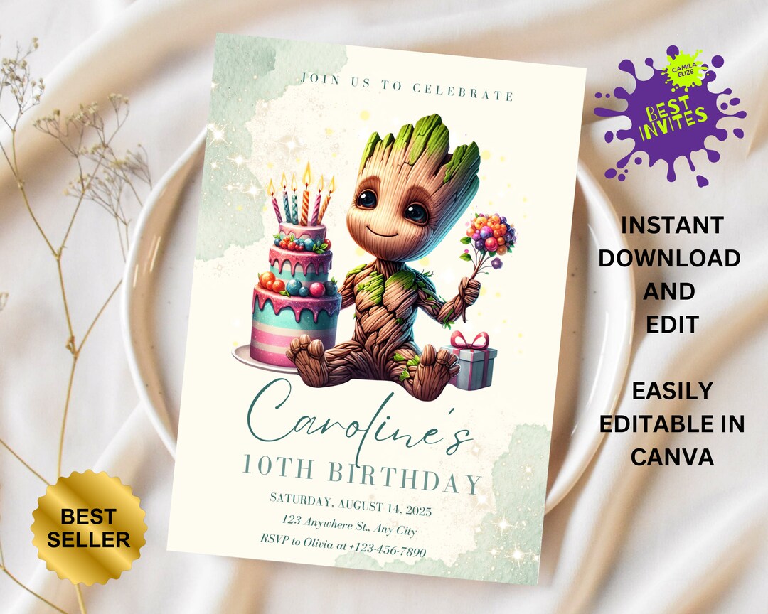 Groot Birthday Invitation Template, Printable Birthday Party Invitation ...